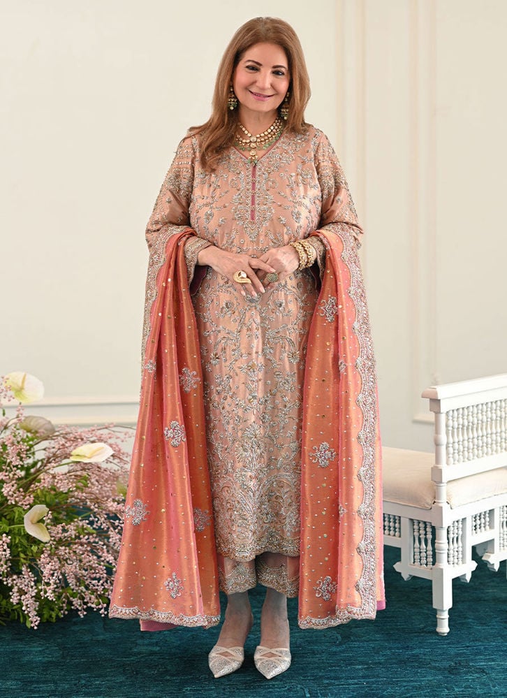 Zahia Rose Gold Shirt With Worked Izaar | FTA