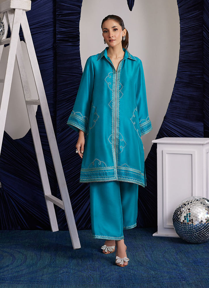 Clemmie Aqua Pants with Fine Embroidery | Farah Talib Aziz